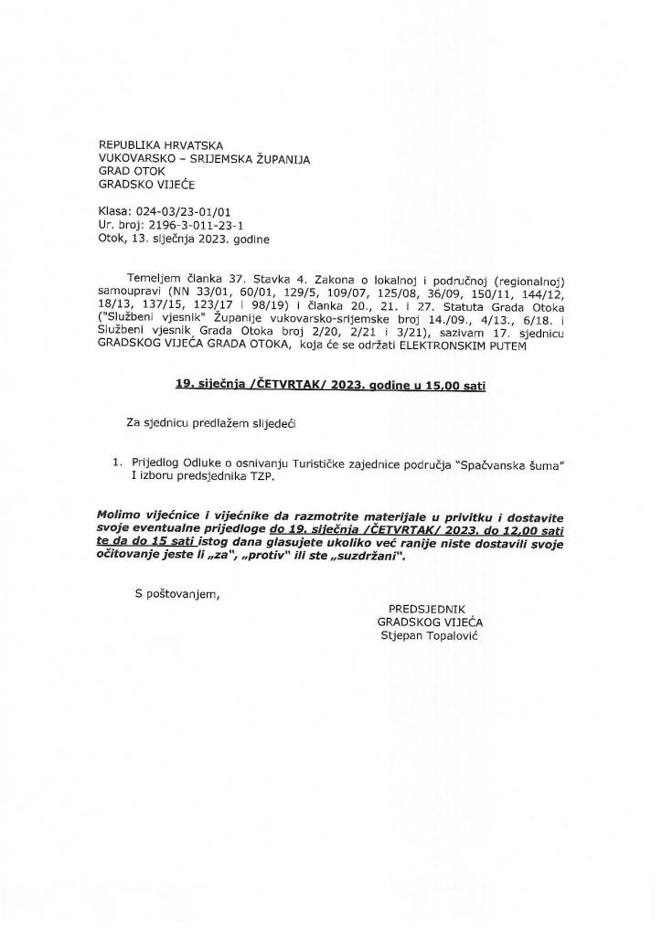 Najava: 17. sjednica Gradskog vijeća Grada Otoka | Grad Otok